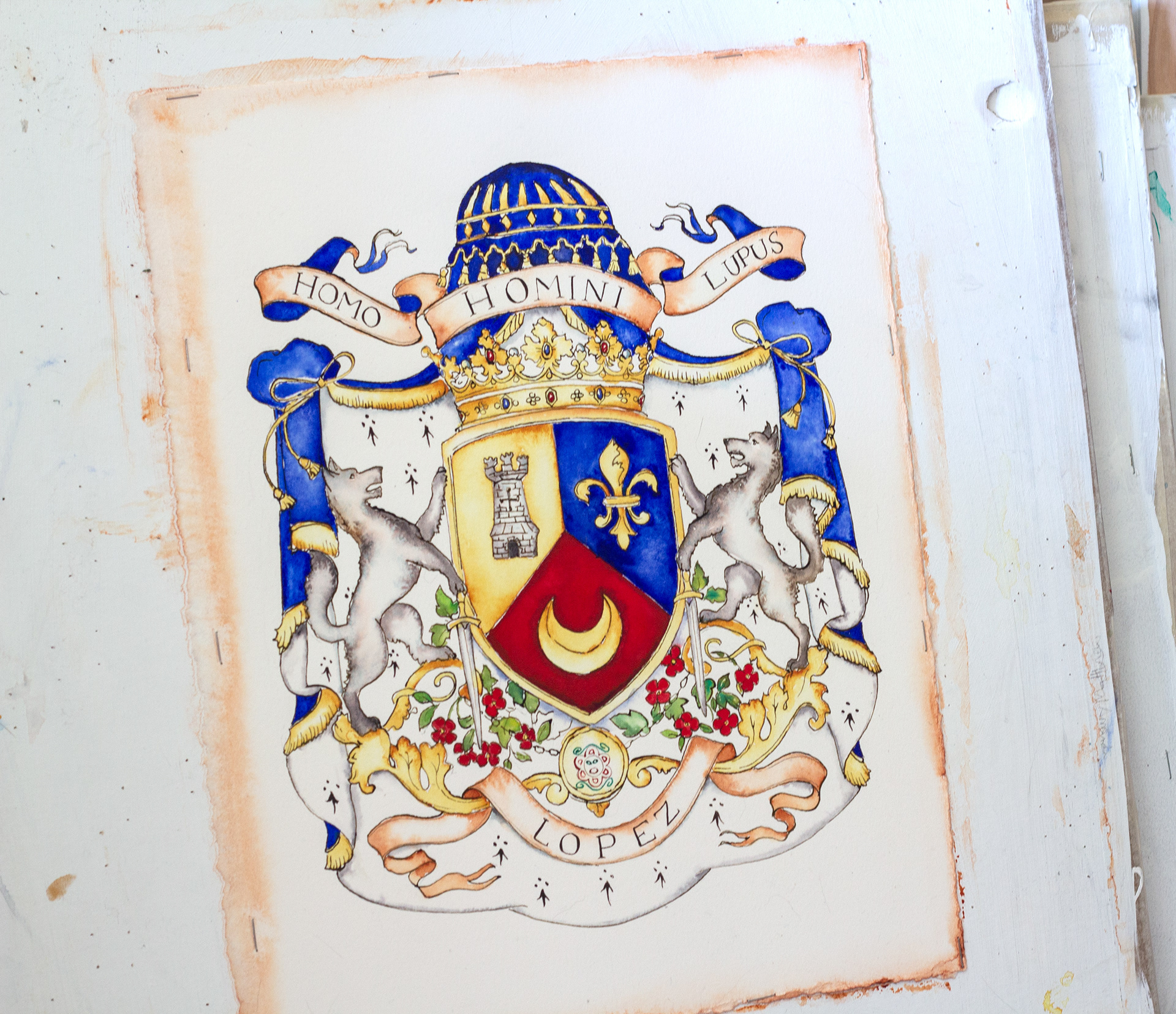 Hand painted family crests by Jamie Hansen - Lopez Family Crest